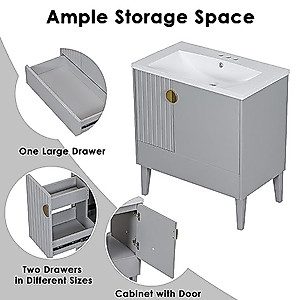QuixotYDDZ 30 Inch Bathroom Vanity, Bathroom Vanity Cabinet and Ceramic Sink Combo, Freestanding Bathroom Storage Cabinet with Pull-Out Drawers, Solid Wood Frame, Soft Closing Doors, Grey