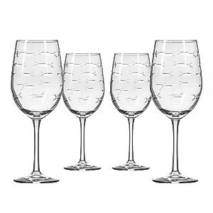Rolf Glass School of Fish White Wine Glass 12 ounce - Stemmed Wine Glass Set of 4 – Lead-Free Glass - Diamond Wheel Etched Wine Glasses - Designed and Engraved in the USA