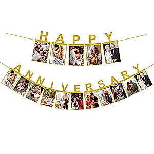 Happy Anniversary Photo Banner Backdrop Decorations - Gold Wedding Anniversary Pictures Banner Party Supplies - Happy Wedding Anniversary Hanging Photo Décor Props Sign