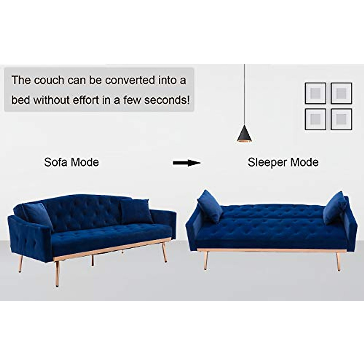SLEERWAY Velvet Futon Sofa Bed with Two Pillows, Modern Sleeper Sofa Couch with 3 Adjustable Angles, Convertible Loveseat for Living Room and Bedroom, Blue
