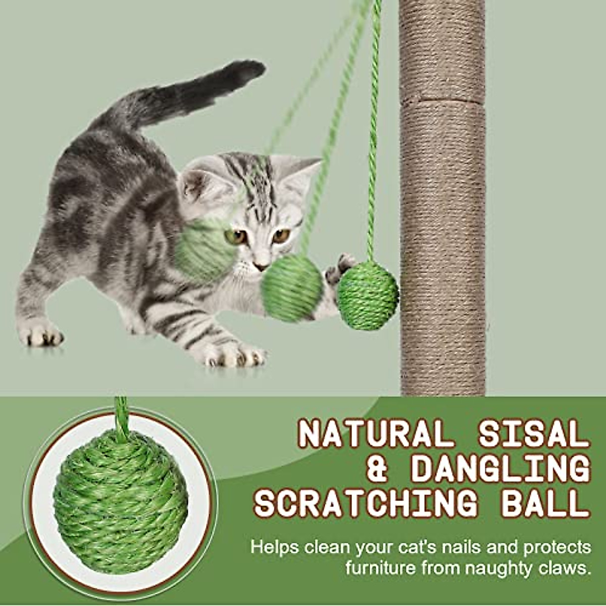 Kphico Cat Scratching Post for Indoor Cats,33.5" Tall Large Cat Scratching Post with Natural Sisal Rope,Kitten Scratcher with Simulated Leaves & Hanging Ball,Send 1 Cat Teasing Stick and 2 Catnip