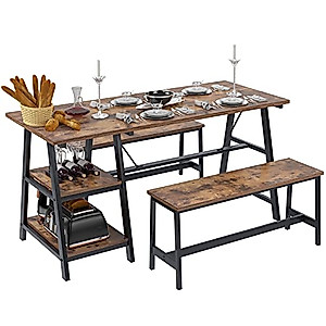 SogesHome 55’’ Kitchen Table Sets, 3-Piece Dining Room Table and Benches for 4, Breakfast Lunch Table with Wine Rack and Glass Holder for Kitchen, Living-Room, Small Space, Vintage Brown