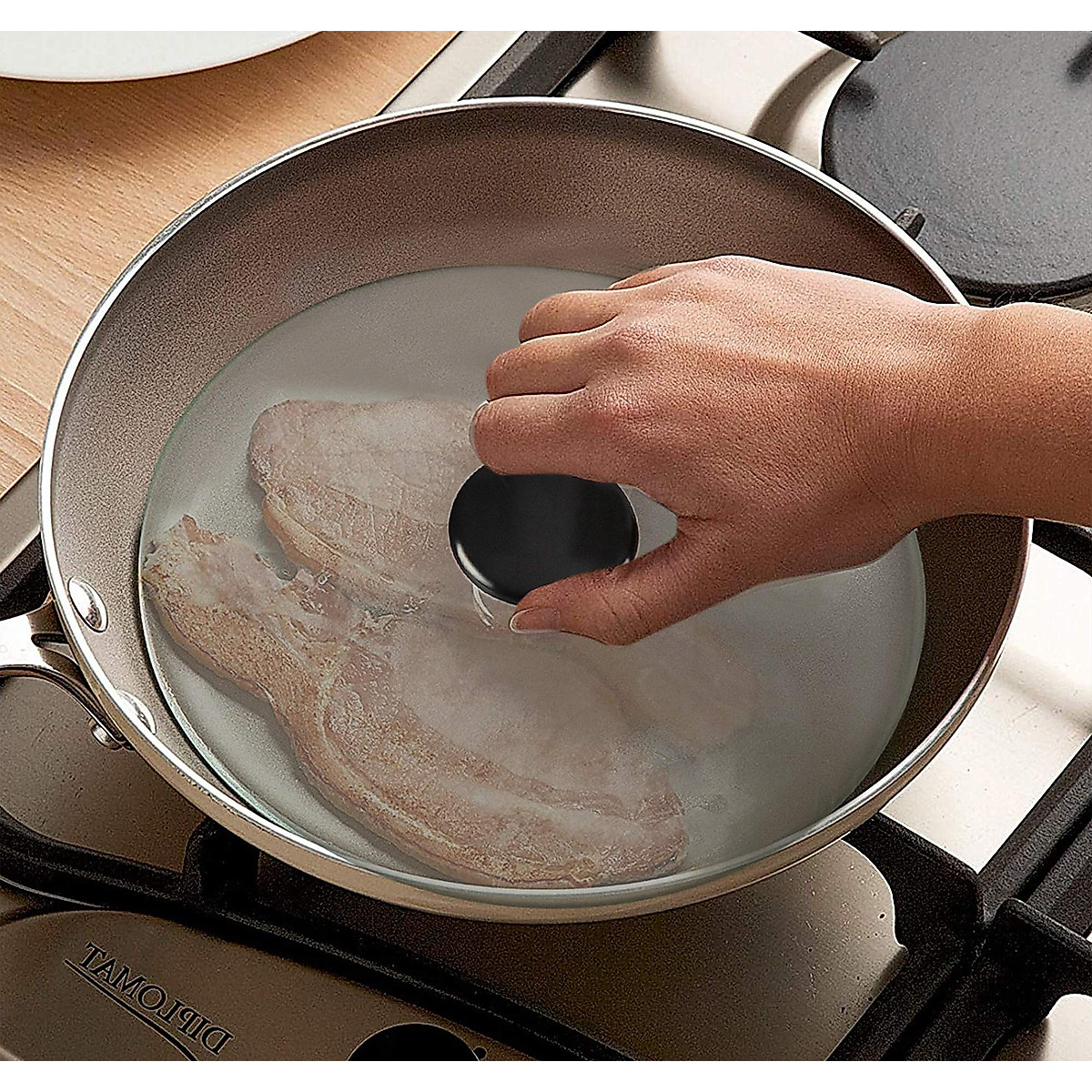 Home-X - Bacon and Eggs Cookware Set Includes Two Stainless Steel Egg Rings and Clear Tempered Glass Bacon Press