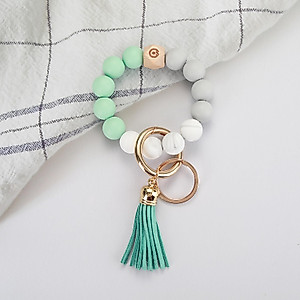 Coolcos Silicone Key Ring Bracelet for Women Portable Keychain Holder, Car Keychain Elastic Beaded Wristlet with Tassel (Mint Green)