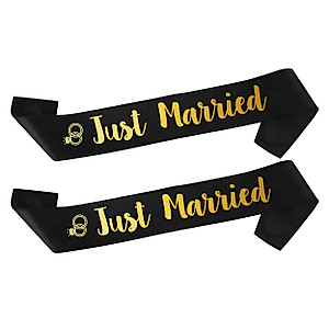 Just Married Sash - 2 Piece Gold Bride and Groom Sash Set | Wedding Party Decorations Bridal Shower Engaged Decor Bachelorette Favors Supplies Gift Decor Bachelor Accessories Engagement Gifts Ribbon