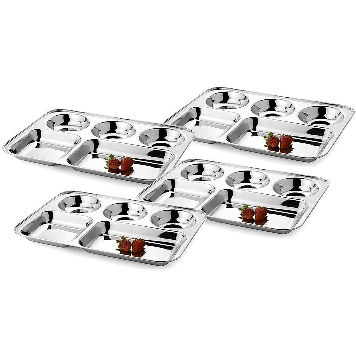 WhopperIndia Stainless Steel Five Compartment Round Plate, Thali, Mess Tray, Dinner Plate Set of 6 pcs- 13 inch, Silver