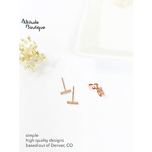 Altitude Boutique 18K Gold Plated Skinny Wire Midi Balance Bar Stud Earrings Hypoallergenic Long Bar Earrings in Gold, Rose Gold, or Silver | Delicate Jewelry (Rose Gold, 6mm)