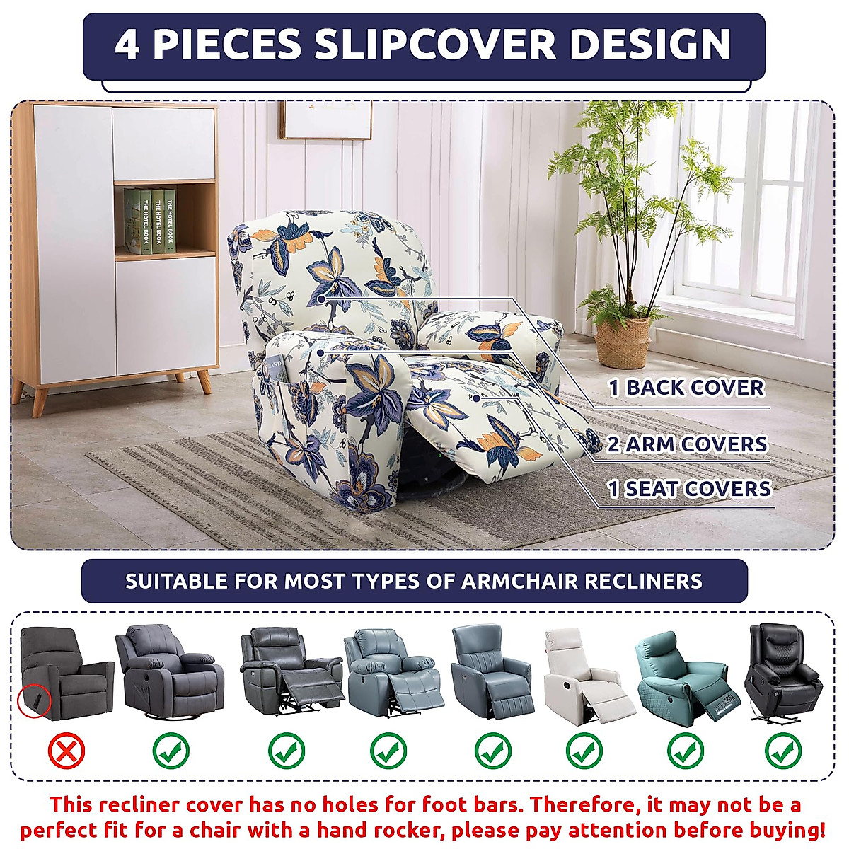 Iauddy Recliner Slipcover-Stretch Soft Slip Reclining Chair Slipcovers 4-Pieces Furniture Protector for Recliner with Pocket Fitted Sofa Couch Cover Lazy Boy Chair Cover