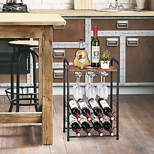 MOOACE Wood Wine Rack, Countertop Wine Storage Stand, Hold 8 Wine Bottles and 6 Glasses, Freestanding Wine Holder Stand for Kitchen, Pantry, Cellar, Bar