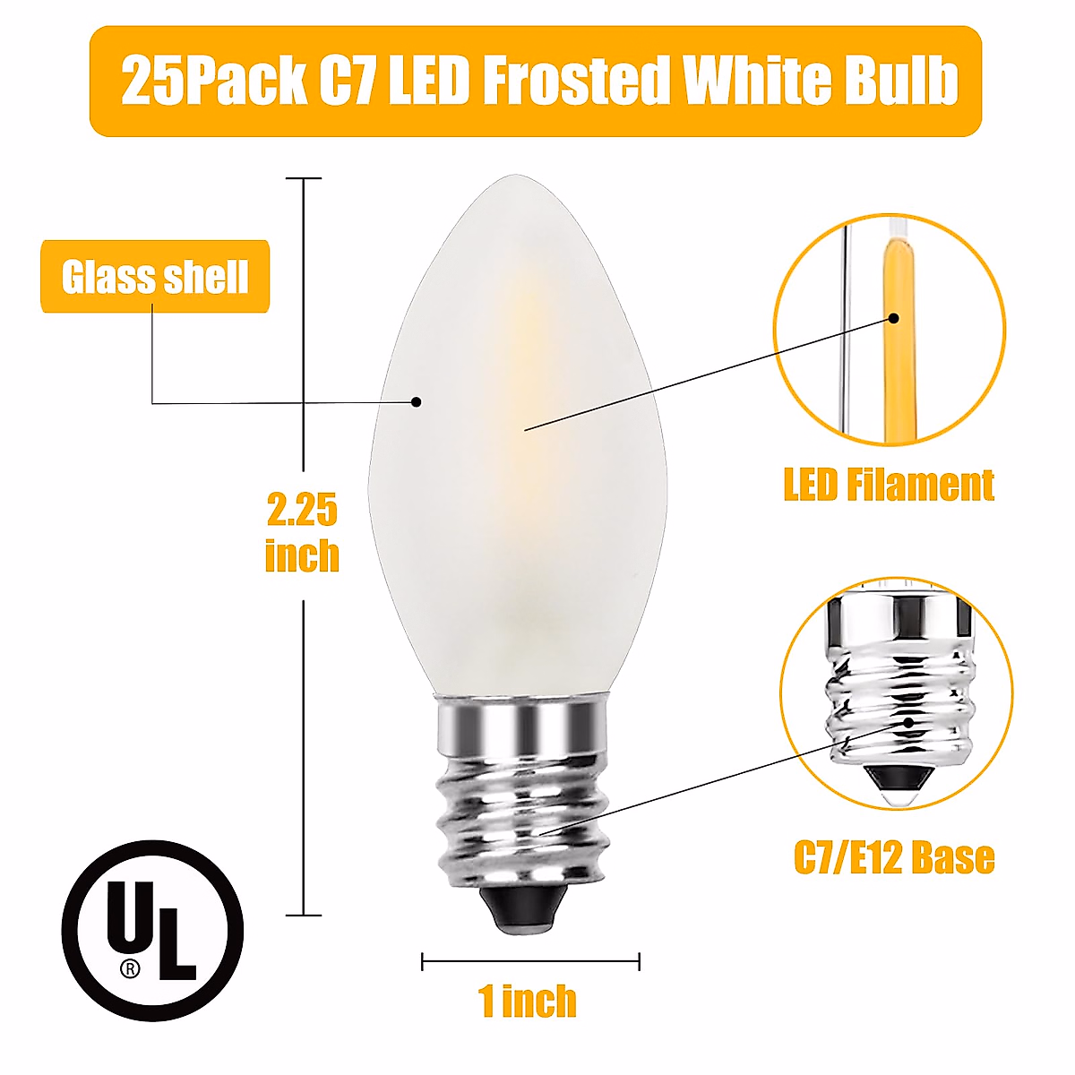 SUNSGNE C7 LED Christmas Night Light Bulbs, 0.6 Watt LED Frosted Replacement Bulbs fits E12 Candelabra Base Socket, Small Light Bulb for Indoor Outdoor Decor, Frosted White, 25 Pack