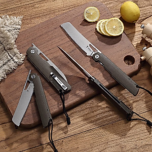 SHOOZIZ Folding Serrated Bread Knife - 3.8 Inch - XUN Series 119-D2 Steel - inen Mikta Handle - Japanese-style - Outdoor Camping - pocket knife