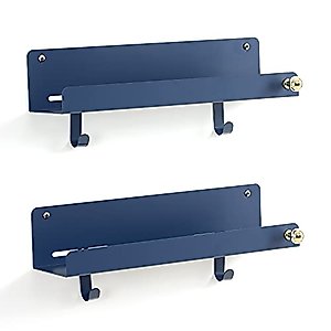 ELSKER&HOME Blue Floating Shelves for Wall Mounted,Decorative Metal Shelf with 4 Hooks，Modern Floating Bookshelf Set of 2 Pack，15.8”Lx4”Wx3.6”H