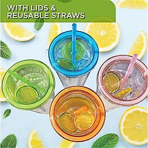 Lily's Home Insulated Tumbler Cups with Straws and Lids, Double Wall Clear Acrylic Plastic. Perfect for Iced Coffee, Hot Drinks, Water. BPA Free. Multicolor lids - 4 Pack (32 oz, Clear)