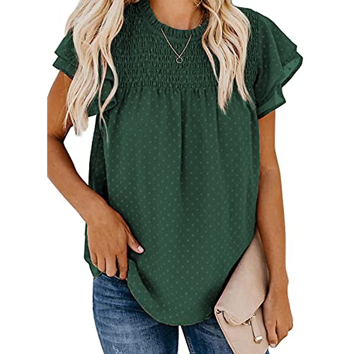 Dokotoo Women's Fashion 2023 Summer Ruffle Short Sleeve Round Neck Tops Lace Pom Pom Smocked Basic Tee Shirts Back Keyhole Self Tie Flowy Chiffon Blouses XL Green