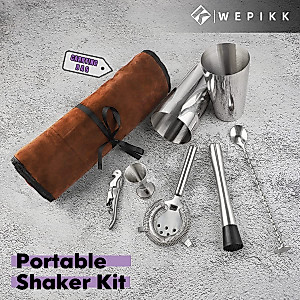 Wepikk Cocktail Shaker Boston Shaker Set Mixology Travel Bartender Kit Portable Bar Tools Carry Bag Stainless Steel 20oz & 24oz Tins Jigger Muddler Strainer Mixing Spoon Martini Margarita Mojito
