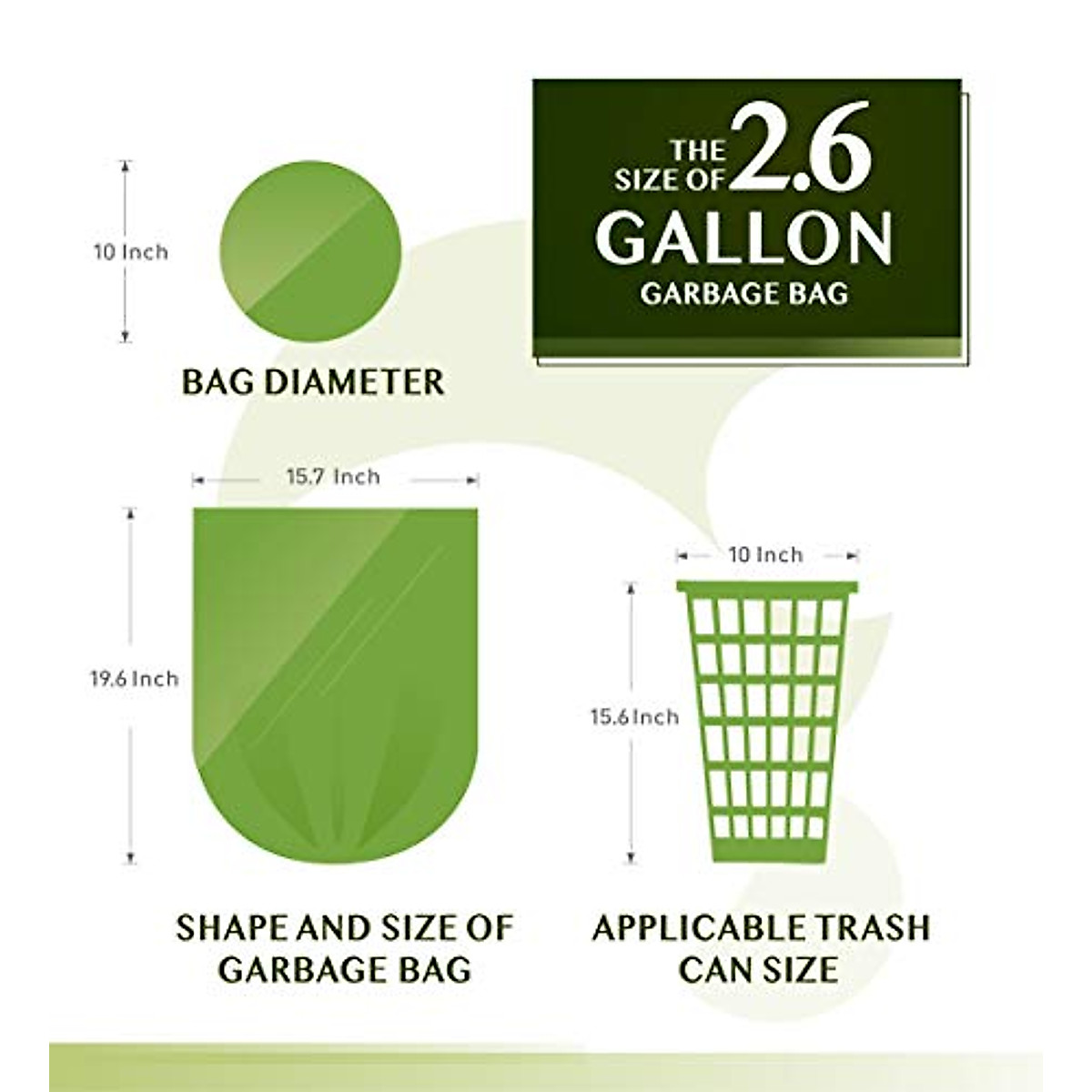 Small Trash Bags - FORID 2.6 Gallon Compostable Garbage Bags 150 Count Mini Strong Trash Can Liners 10 Liter Unscented Wastebasket Bags for Kitchen Bathroom Home Office (5Rolls/Green)
