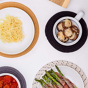 Casaphoria Potholders Set Trivets Set 4pcs 2Sizes 7 & 9 Inches Diameter 100% Eco Pure Cotton Thread Weave Trivets Hot Pots Pans Kitchen Trivets Dishes (Touch of Glam), Brown and Black