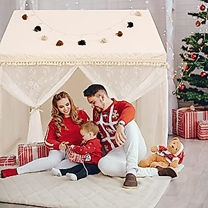 Kids Play Tent Indoor Outdoor, Large Play House Tents for Toddlers 3-12 Years Old, Girls Boys Play Tents with Non-Slip Mat, Tassel Garland and Star Lights, Neutral Color 52" x 35" x 52"