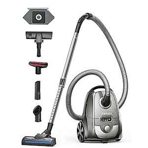 Aspiron Canister Vacuum Cleaner, 1300W Bagged Canister Vacuum, Turbo Brush, 5 Tools, 3.7Qt, H13 HEPA Filter, Automatic Cord Rewind, Vacuum Cleaner for Carpets, Hardwood Floors, Pet Hair, Grey