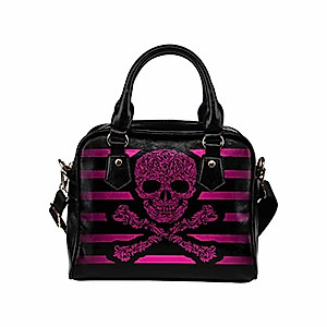 D-Story Pink Skull Stripes Handbags for women Purses Top Handle Tote Bags Leather Shoulder Satchel Handbags with Zipper
