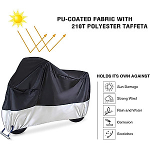 Motorcycle Cover, Ohuhu All Season Waterproof Snowproof Motorbike Covers with Lock Holes, Fits up to 108" Motors Bikes Scooters for Honda, Yamaha, Suzuki, Harley, Kawasaki(XX Large), Black-Silver