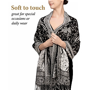 Achillea Soft Silky Reversible Paisley Pashmina Shawl Wrap Scarf w/Fringes (Black White)