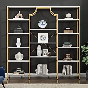 Loomie Triple Wide Bookshelf, 70.87" W/H Large Tall Etagere Bookcase, Modern 13-Open Shelves Geometric Bookshelf, Display Storage Metal Book Case, for Bedroom, Home Office & Living Room, Gold & White
