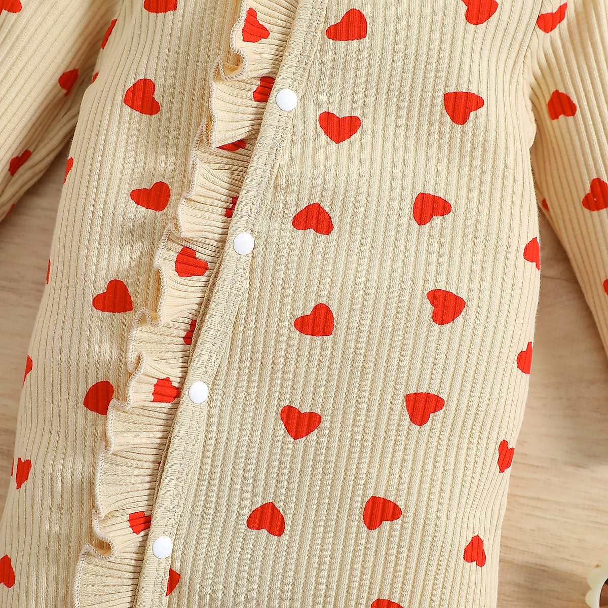 BOUTIKOME Infant Baby Girl Valentines Day Outfit Love Heart Print Footie Romper Ruffle One Piece Onesie Newborn Headband(Beige-10,12-18M)