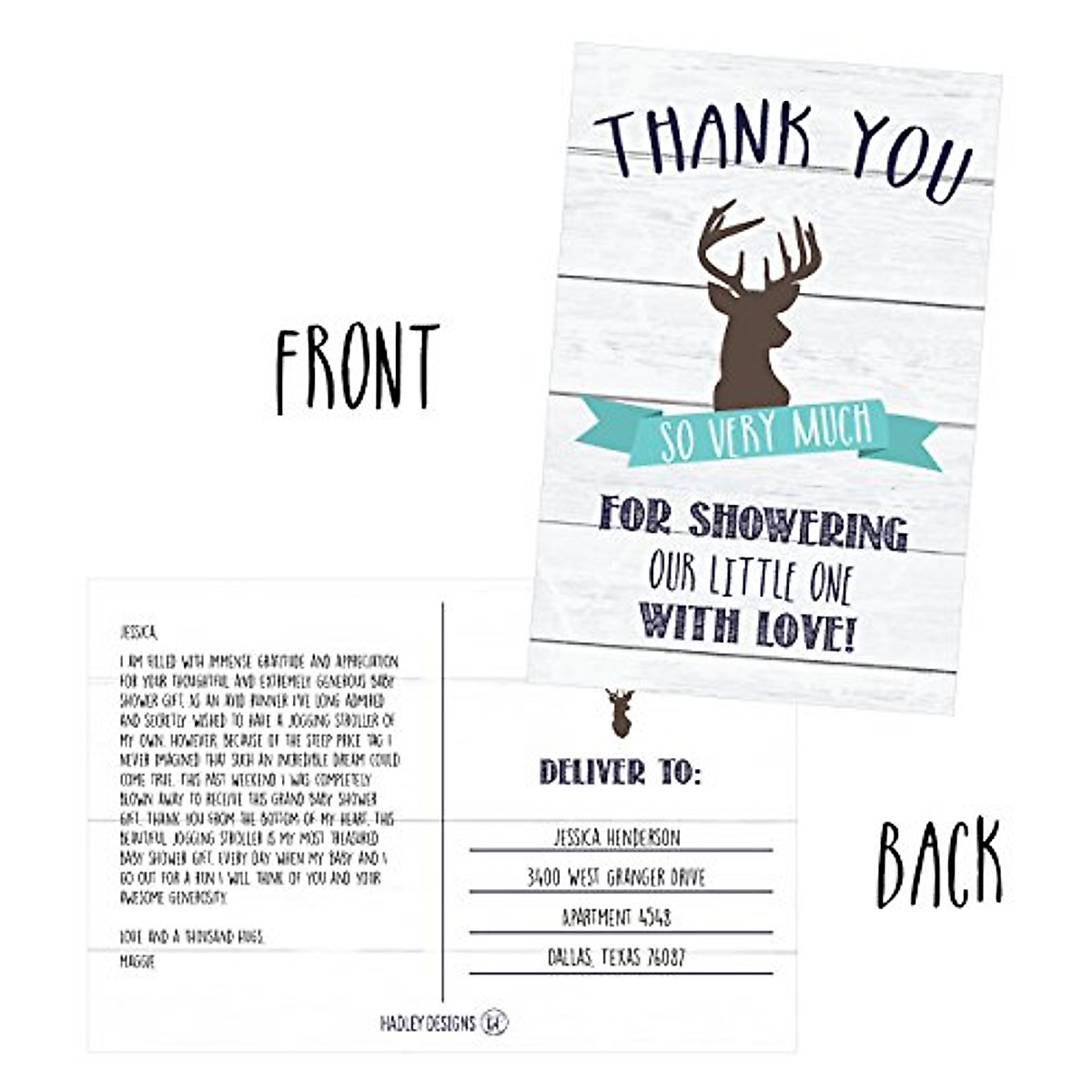Hadley Designs 50 4x6 Rustic Deer Baby Shower Thank You Postcards Woodland Animals Bulk, Modern Cute Boho Blank Thanks Note Card For Girl or Boy Stationery Appreciation Set