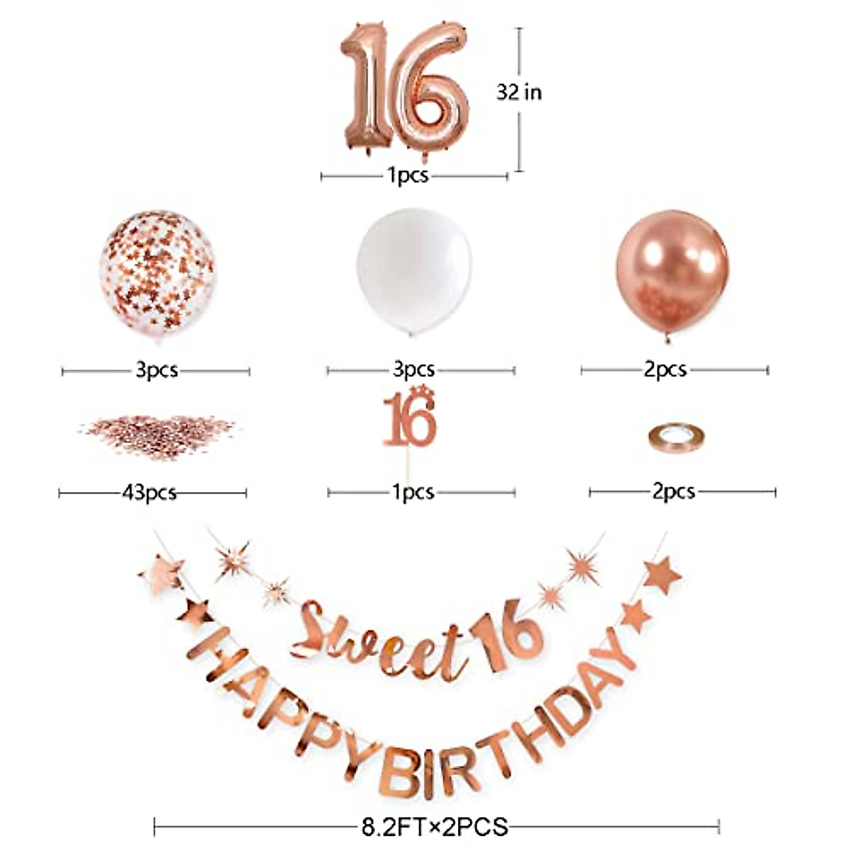 Rose Gold Sweet 16 Happy Birthday Banner Garland for Sweet 16 Decorations Hanging Sweet 16 Signs Foil Balloon 16 for Girls 16th Happy Birthday Party Banner for Sweet Sixteen Party Decor Supplies