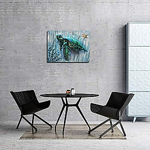 Arjun Bathroom Decor Teal Canvas Green Sea Turtle Wall Art Prints Submarine Picture One Panel 16"x12" Blue Sea-Plant Modern Landscape Painting Framed for Living Room Bedroom Home Office Spa Wall Decor
