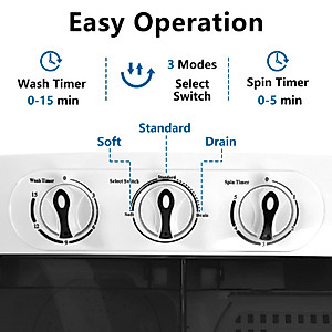 ROVSUN 15LBS Portable Washing Machine, Electric Twin Tub Washer with Washer(9lbs) & Spiner(6lbs) & Pump Draining, Great for Home RV Camping Dorm College Apartment (white & black)