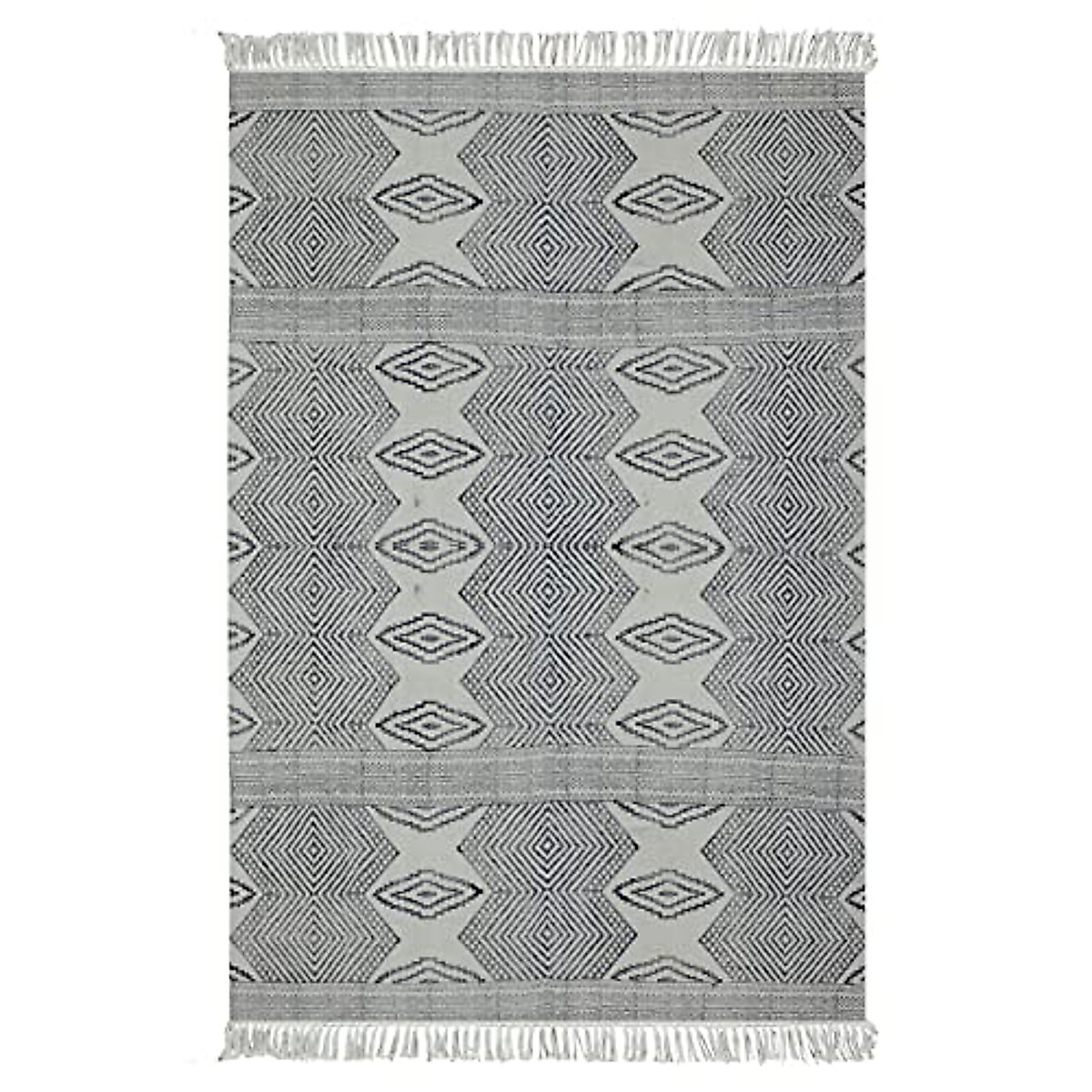 Casavani Hand Block Printed Cotton Dhurrie Geometric Gray & Beige Tassel Rug Easy Care Washable Rugs for Doormat Entryway Living Room Bedroom Hallway Balcony 2.6x10 Feet Runner