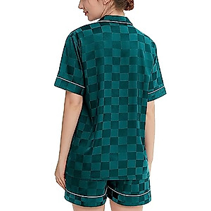 SWOMOG Women's Silk Satin Pajamas Set Short Sleeve Sleepwear Button Down Loungewear Checker Top and Shorts 2 Pcs Pjs