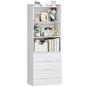 Hasuit Tall Bookshelf with Drawers Bookcase with 3 Drawers and 3-Tier Open Shelves Tall White Bookshelf with Anti-Tipping Kits Wood Bookshelf with Storage for Study Living Room Kitchen Bathroom, White