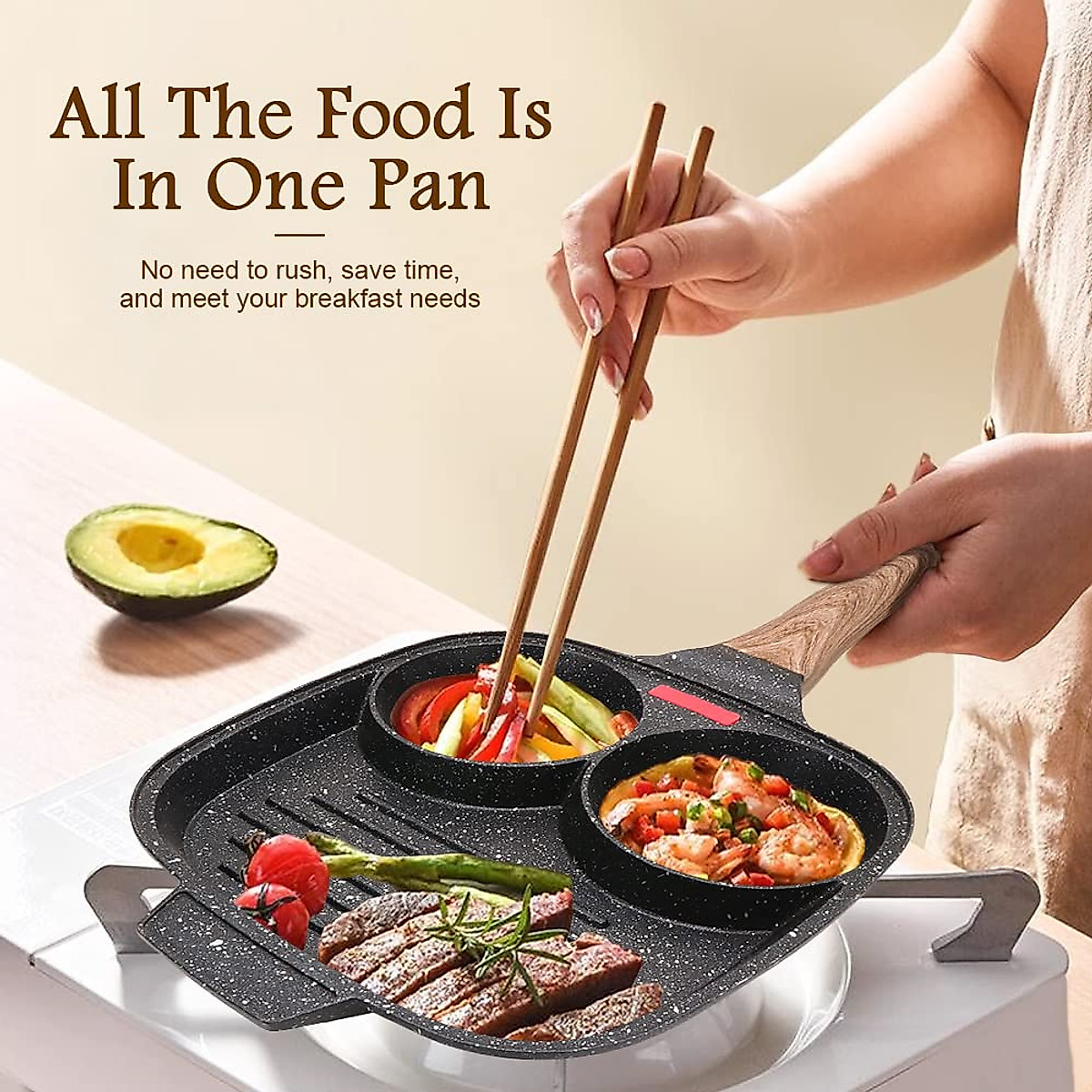 Bobikuke Egg Pan, Egg Frying Pan, Fried Egg Pan with Lid Nonstick 3 Section Pancake Pan Divided Pan for Breakfast,Gas & Induction Compatible, 8.3 Inch
