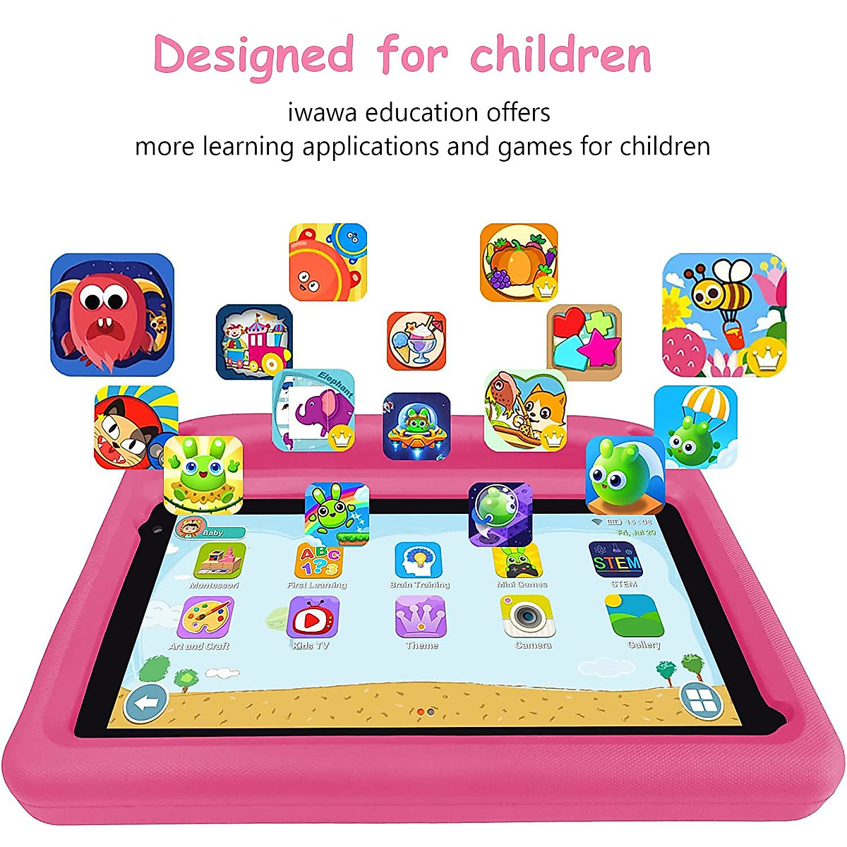 GOODTEL 2024 Kids Tablet for Kids Android Tablet 7 inch 128GB Extended Memory, Installed Parental Control Mode Puzzle Game IPS HD Display, Toddler Tablet with Shock-Proof Case, Pink