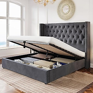 VanAcc Queen Bed Frame Lift Up Storage Bed with Headboard 50" Button Tufted Wingback/Hydraulic Lifting Storage Underneath/Wood Slats/Easy Assembly/Dark Grey