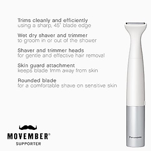 Panasonic Bikini Trimmer and Shaver for Women with 4 Attachments for Gentle Grooming in Sensitive Areas, Wet/Dry, Battery-Operated – ES-WV60-S (White / Silver)