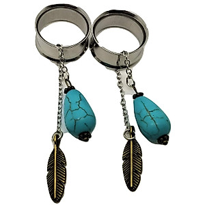 Pierced Republic Dangle Turquoise Bead Ear Plugs - Stainless Steel Screw-On - 6 Sizes - *Pair (00 Gauge (10mm))