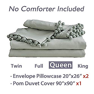 Andency Pom Pom Fringe Duvet Cover Queen Size (90x90 Inch), 3 Pieces (1 Solid Sage Green Duvet Cover, 2 Pillowcases) Soft Washed Microfiber Duvet Cover Set with Zipper Closure, Corner Ties