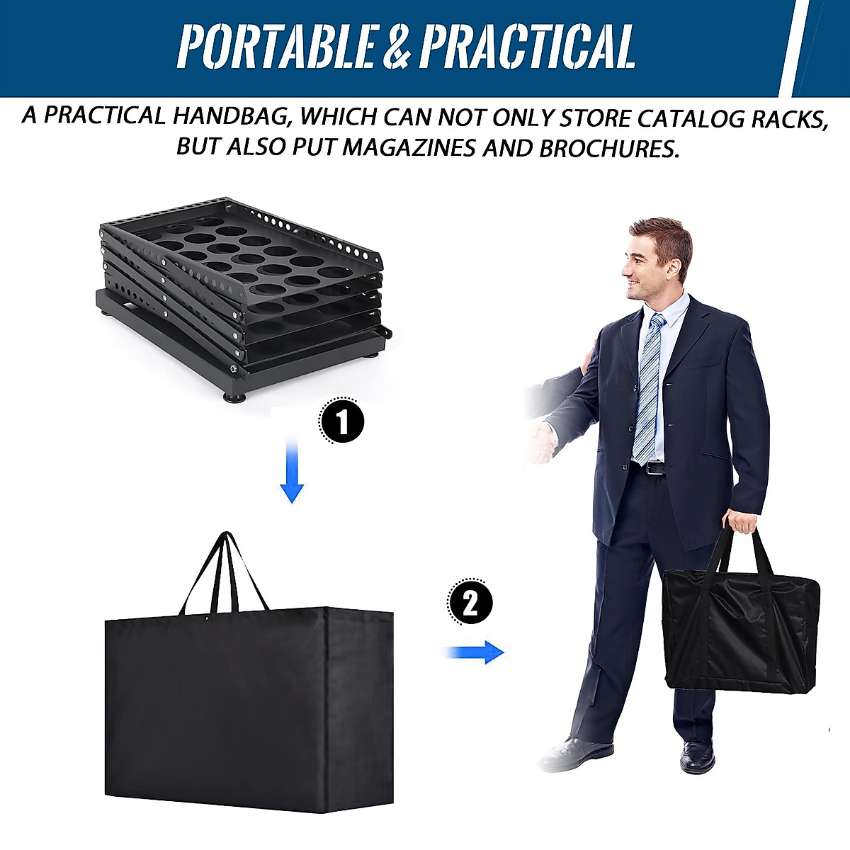 ChoiCARE Literature Catalog Rack, Foldable Magazine Brochure Display Stand, Magazine Floor-Standing with Portable Oxford Bag, for Office Store and Exhibition Trade Show (4 Pockets, Black)