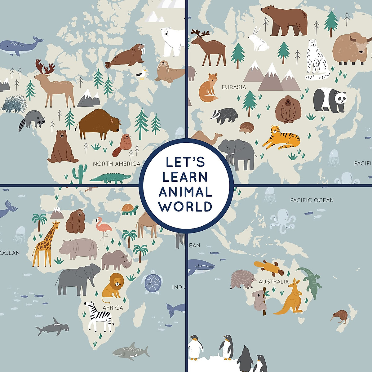 Lenny’s World Animal World Map For Kids - Large 36"x24" Educational Geography Maps For Baby Toddler Wall, Classroom Decor, Linen Canvas With Wood Hanger - Learning Tapestry Poster For Preschool
