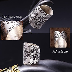 S925 Sterling Silver Retro Vintage Antique Boho Full Finger Wide Bands Ring for Women,Open Adjust Adjustable National Style Sun Flower Floral Pattern Engraved Thumb Index Finger Ring Boho Jewelry (Ring_A, Adjustable)