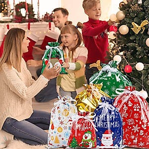 Superlele Christmas Drawstring Gift Bags 32pcs Assorted Sizes Christmas Bags Foil Wrapping Sacks Pouches Santa Goody Bags in 4 Sizes and 7 Designs for Xmas Holiday Presents Party Favor