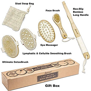 Body Brush - 5 in 1 Wet or Dry Brush, Back Brush, Shower & Bath Brush Scrubber with Non-Slip Long handle, Exfoliating Face Brush Massager, Sisal Bag, Cellulite Massager, Natural Bristle, Gift Set