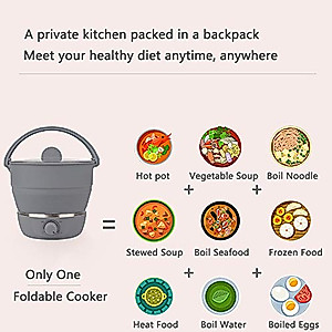 Drizzle Foldable Electrical Cooker Travel Pot - Dual Voltage 100V-240V Hot Pot Cooking - Food Grade Silicone Cookerware Boiling Water Steamer - Camping Office Hotel Noodle Porridge Soup