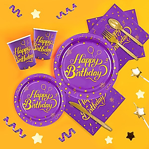 168PCS Purple Birthday Decorations, Purple and Gold Birthday Plates and Napkins Party Supplies--Disposable Purple Birthday Paper Plates,Cup,Napkin,Cutlery for Purple and Gold Birthday Party Decoration