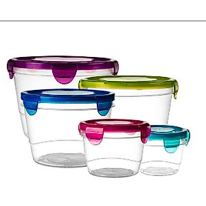 Imperial Home 10 Pc Food Storage Set, Plastic Containers for Food, Airtight Lock Lids, Reusable, Microwave, Refrigerator, & Freezer Safe, 100% Leak Proof, BPA-Free, Stain Resistant, Multicolor Round