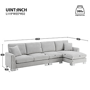 JURMALYN 119" Modern Sectional Sofa Couch for Living Room L-Shape Sofa Couch with Chaise, Oversized 4-Seat Sofa Couch with 2 Pillows Fabric Couch Set for Apartment Office, Light Grey